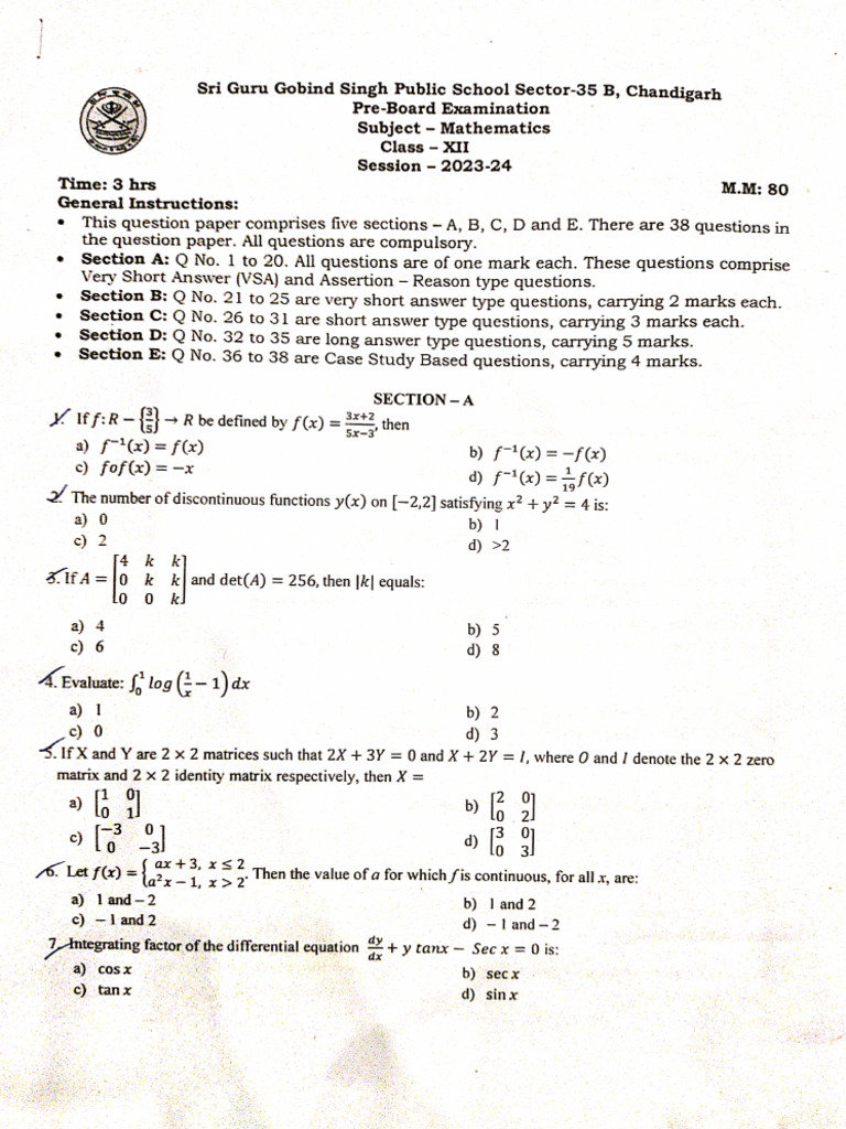 Maths Pre Board | PDF