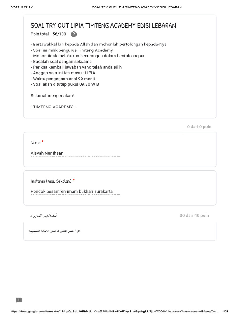 Soal Try Out Lipia Timteng Academy Edisi Lebaran | PDF