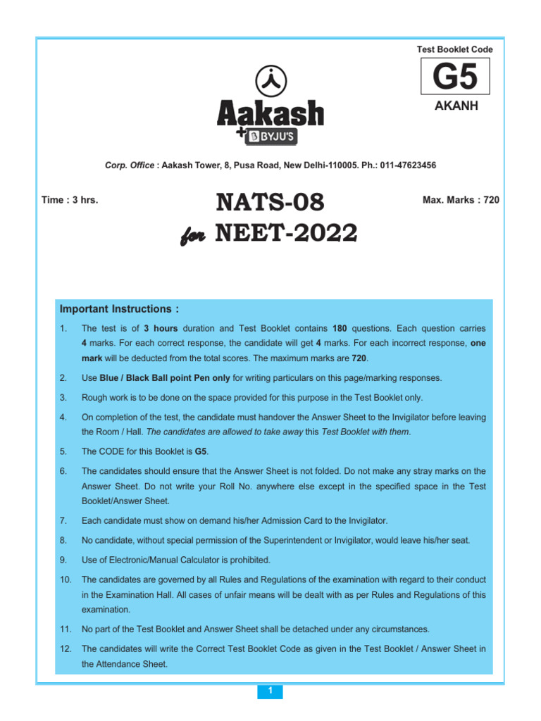 NATS-08 (NEET-2020 (Code-G5) ) | PDF | Meiosis | Dna