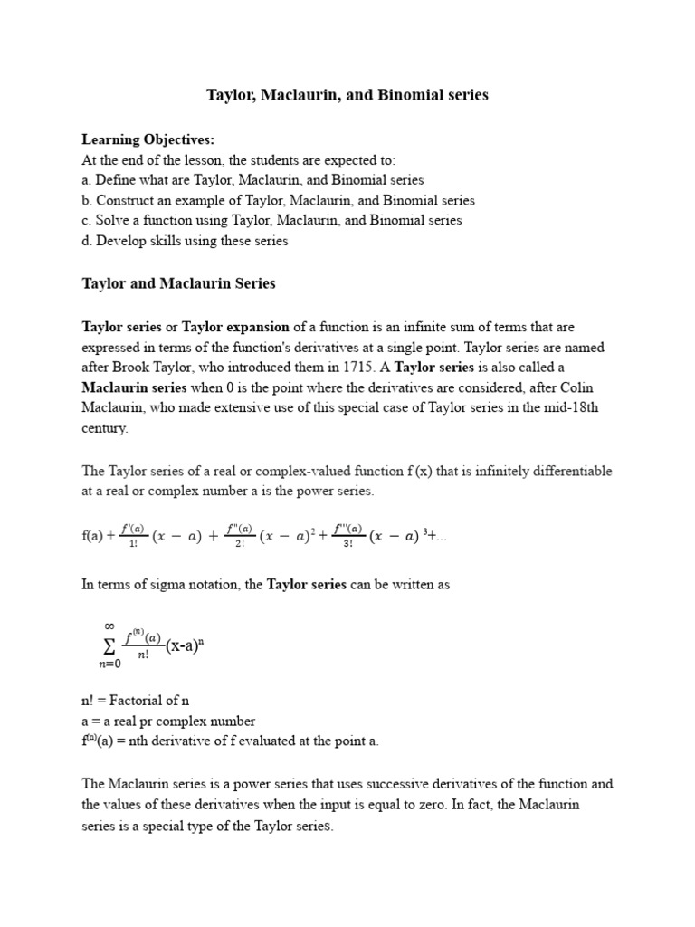 Chapter 2. Lesson 3 Taylor Maclaurin and Binomial Series 1 | PDF Chapter 2. Lesson 3 Taylor Maclaurin and Binomial Series 1 | PDF
