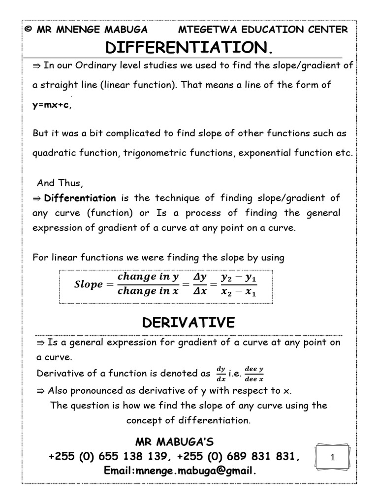 Differentiation Lesson Notes | PDF