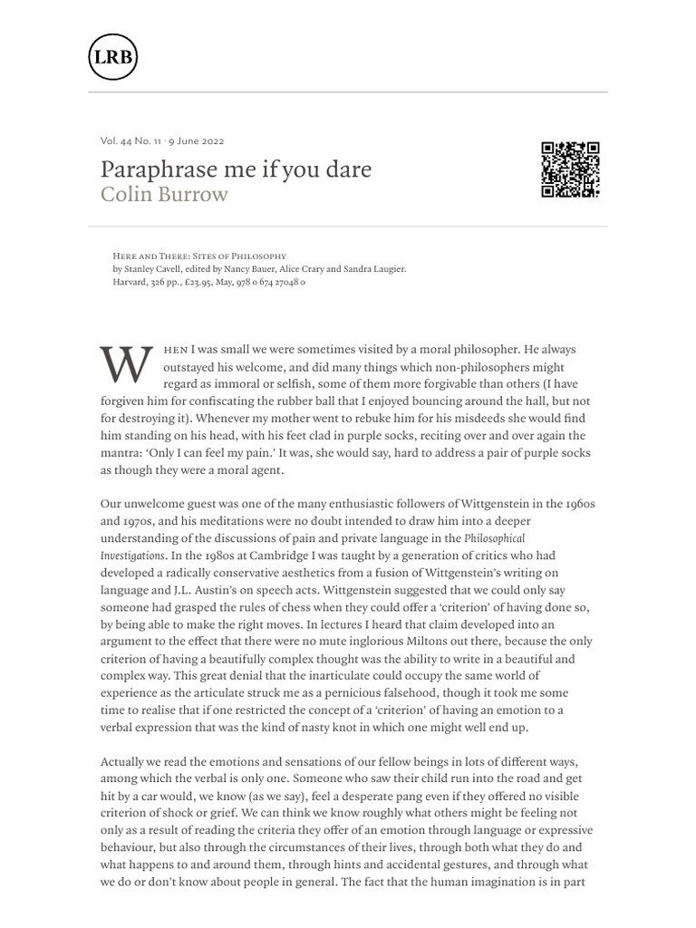 Colin Burrow Paraphrase Me If You Dare - Stanley Cavell's Sadness | PDF | Social Science ...