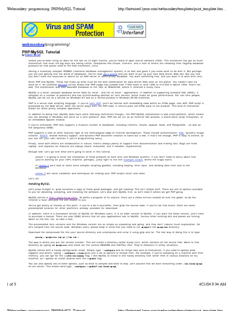 Webmonkey: Php/Mysql Tutorial | Download Free PDF | Php | Apache Http ...