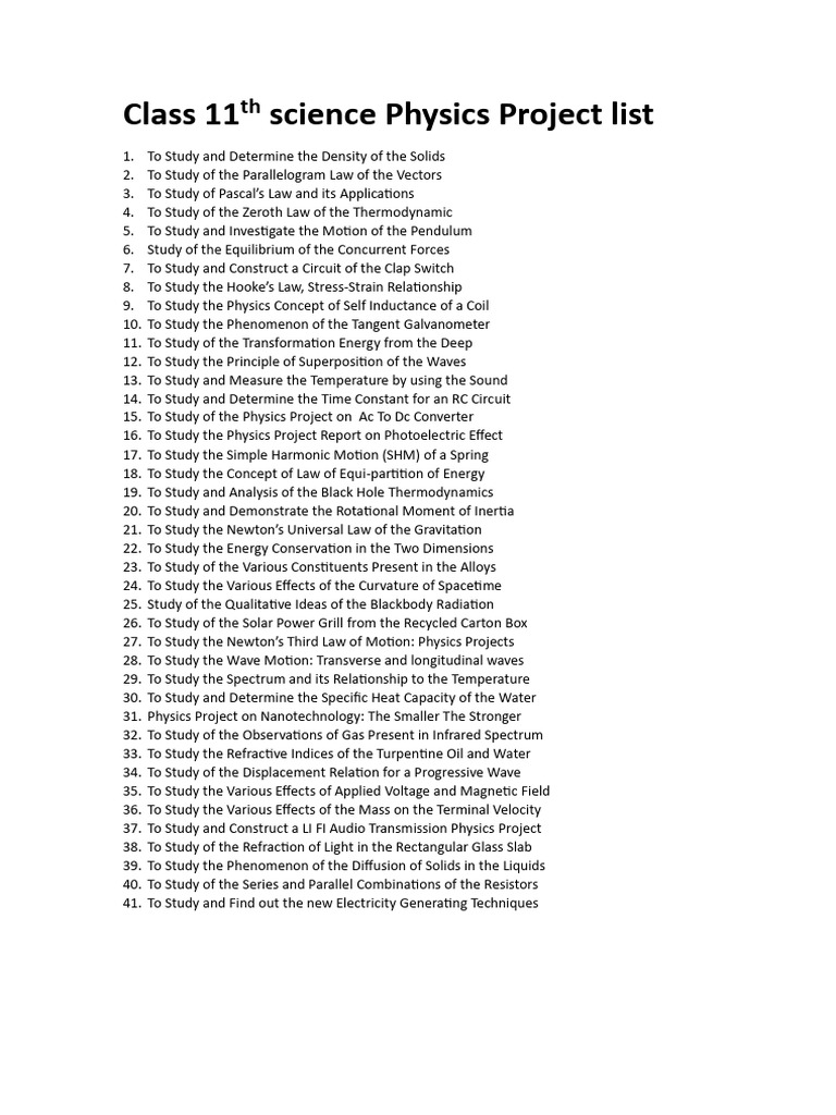 Class 11th Science Physics Project List | PDF | Waves | Physics