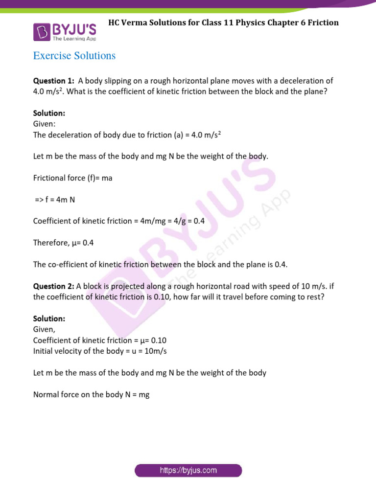 HC Verma Class 11 Friction Solutions | PDF | Friction | Force