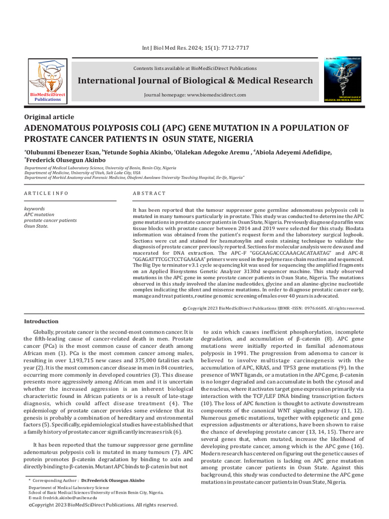 Adenomatous Polyposis Coli Apc Gene Mutation In A Population Of