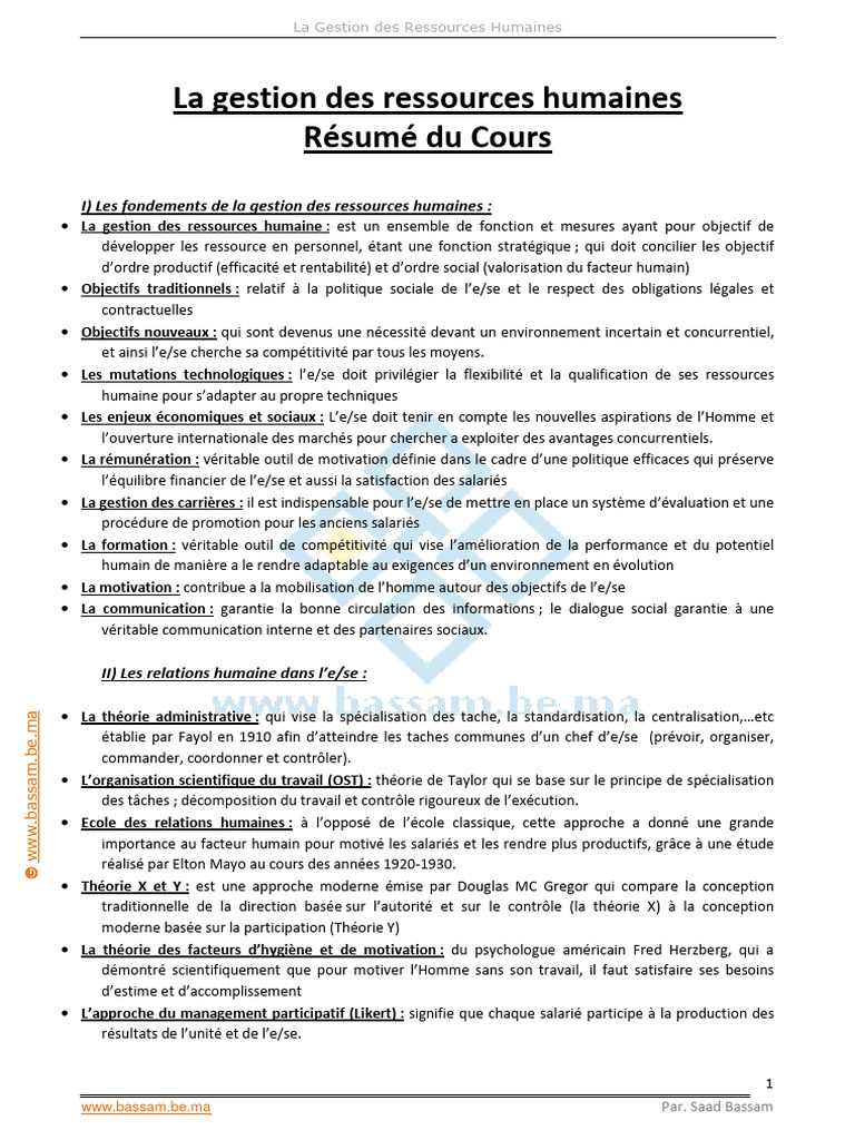 Cours Résumé GRH | PDF
