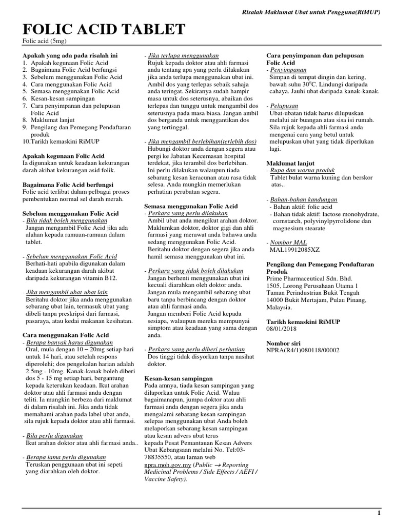 Folic Acid Tablet Folic Acid Prime Pharmaceutical SDN BHD 8 JAN 2018 BM 1 | PDF