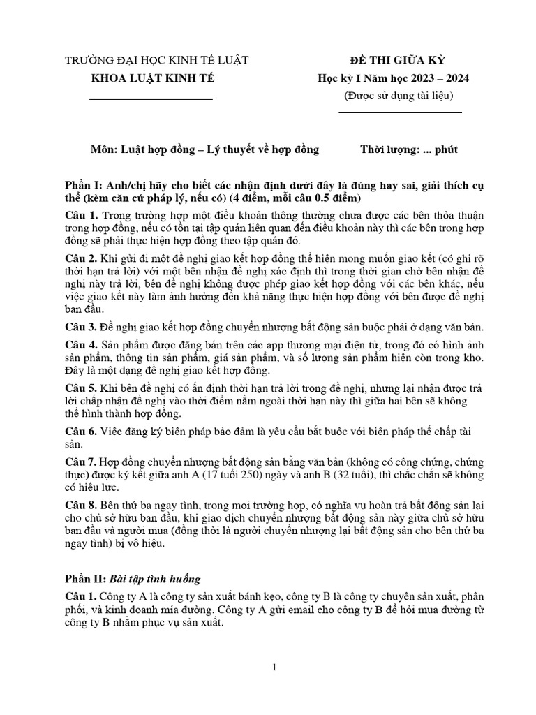 Đề thi giữa kỳ Luật hợp đồng 1 - HK1 | PDF