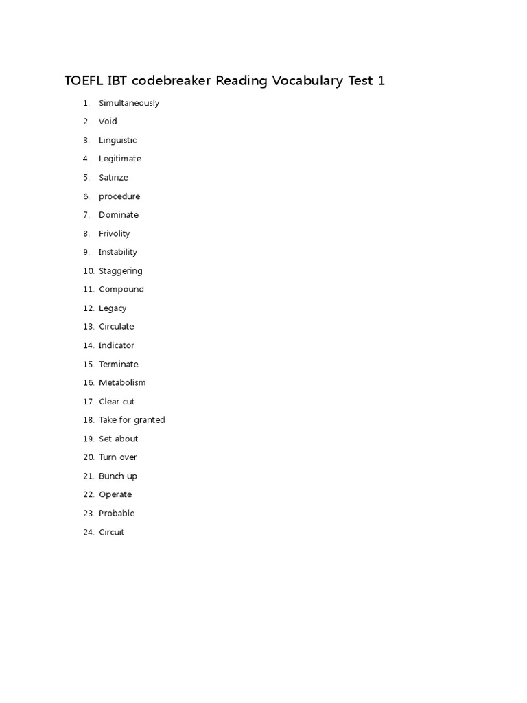 TOEFL IBT Codebreaker Reading Vocabulary Test 1 | PDF