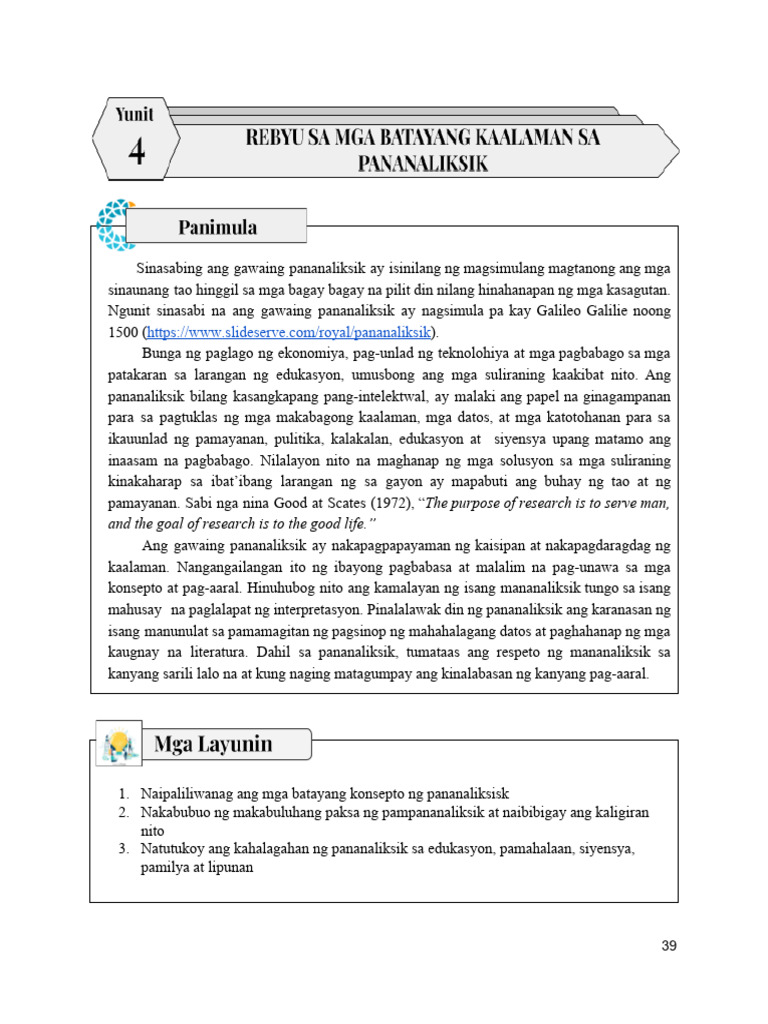 Yunit 4 - Rebyu Sa Mga Batayang Kaalaman Sa Pananaliksik | PDF