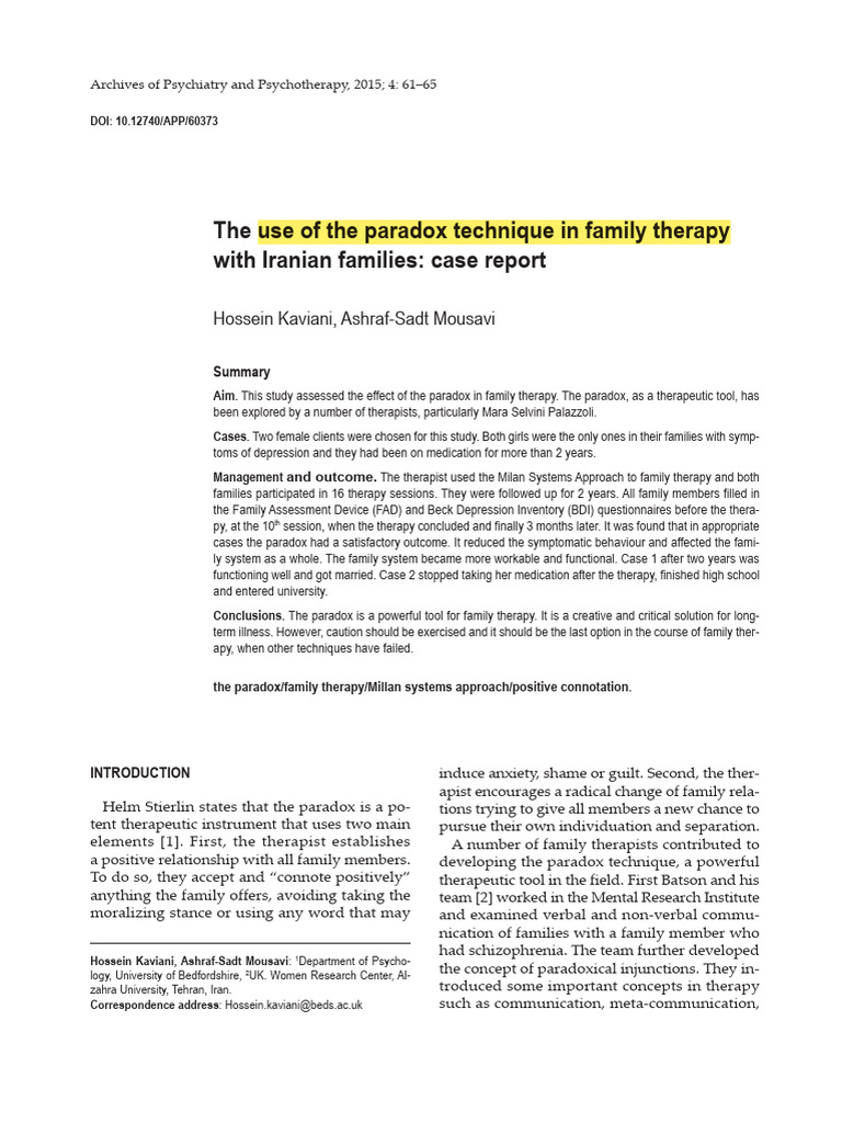 Use of The Paradox Technique in Family Therapy | PDF