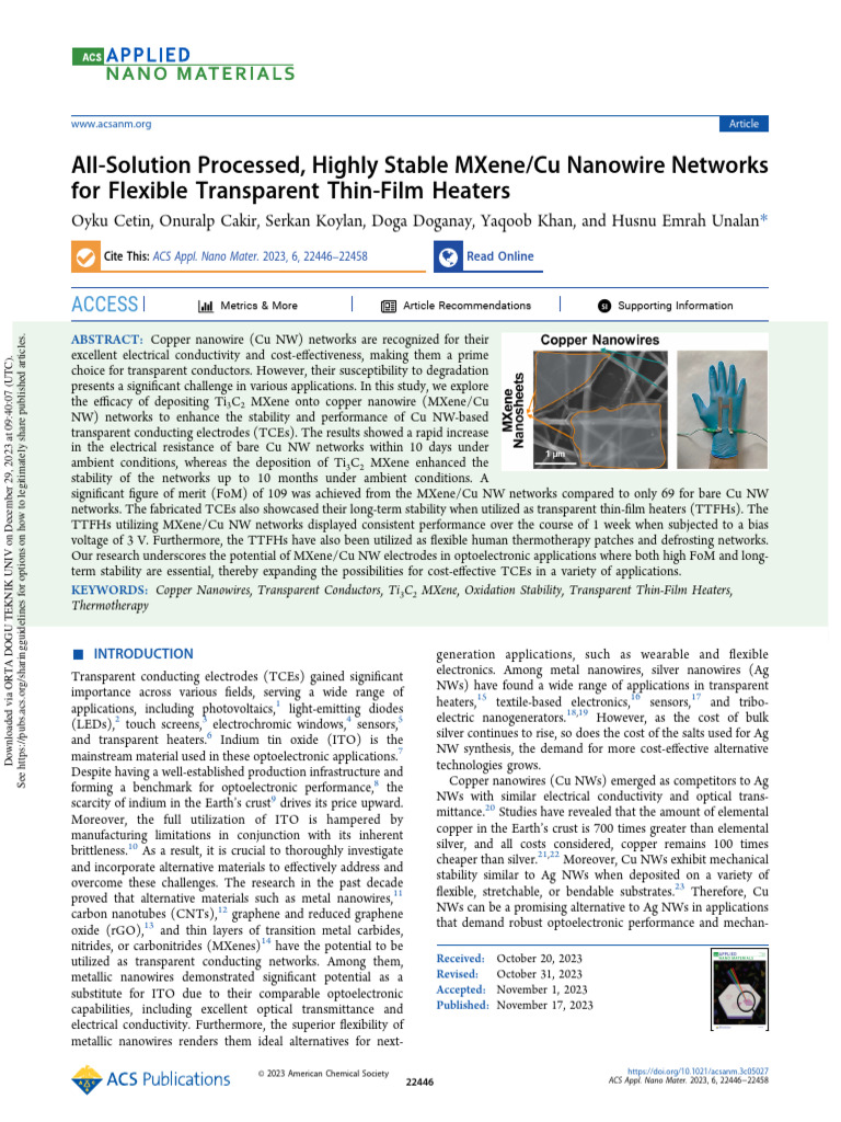 Cetin Et Al 2023 All Solution Processed Highly Stable Mxene Cu Nanowire Networks For Flexible ...