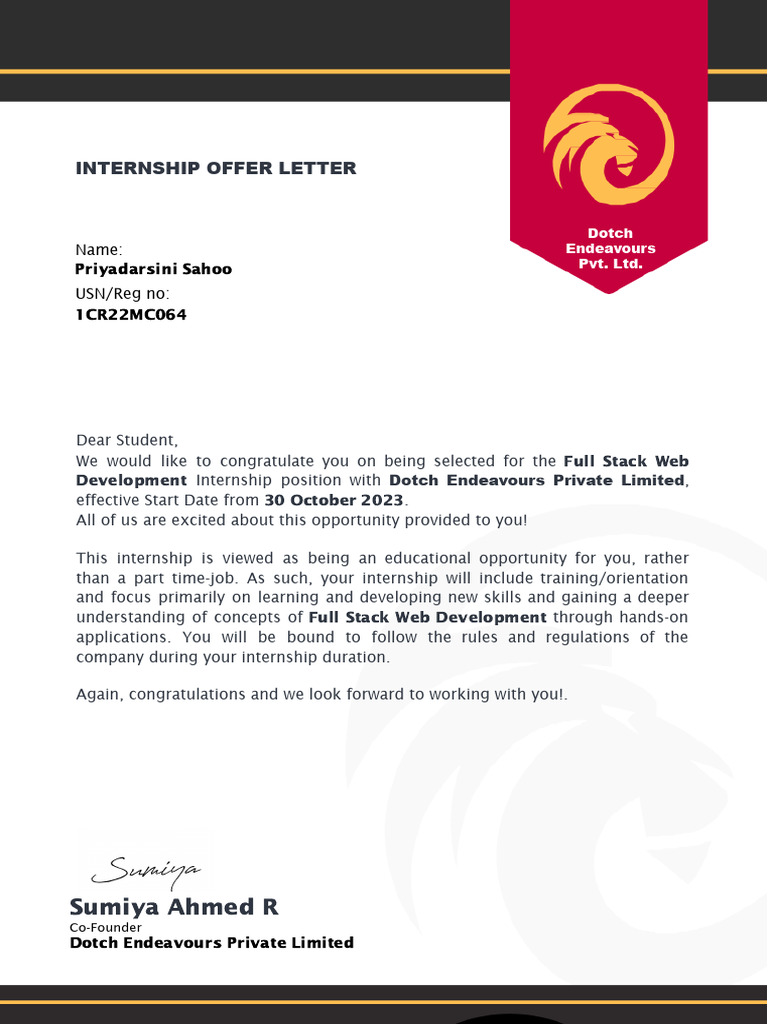 Internship Offer for Full Stack Developer | PDF