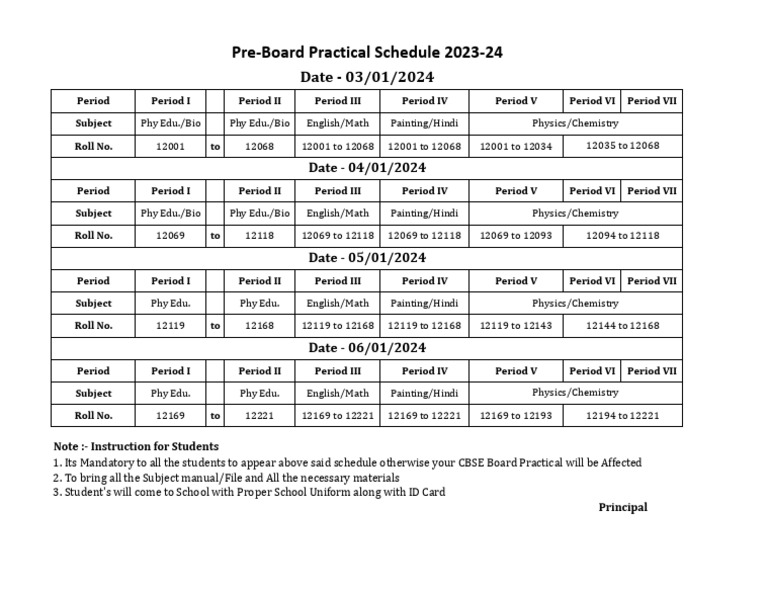 Pre Board Practical Schedule 2023 | PDF