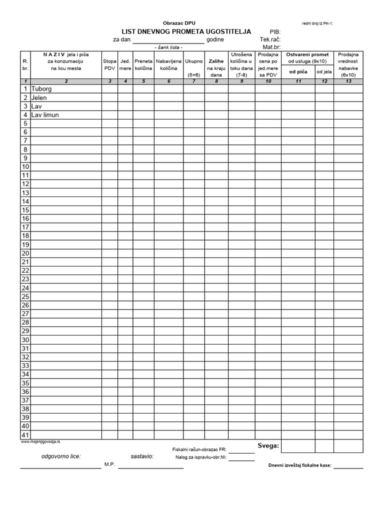 Obrazac DPU-SANK LISTA-prazna-1 Strana | PDF