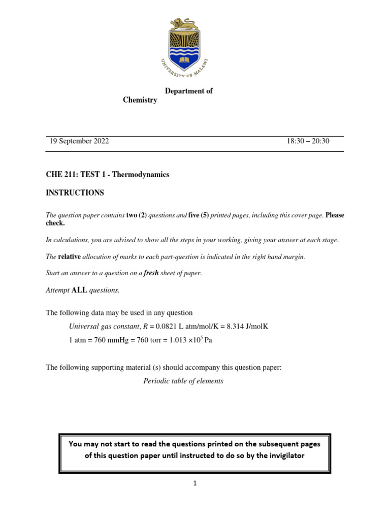 Che 211 Test 1 2022 | PDF | Heat | Enthalpy