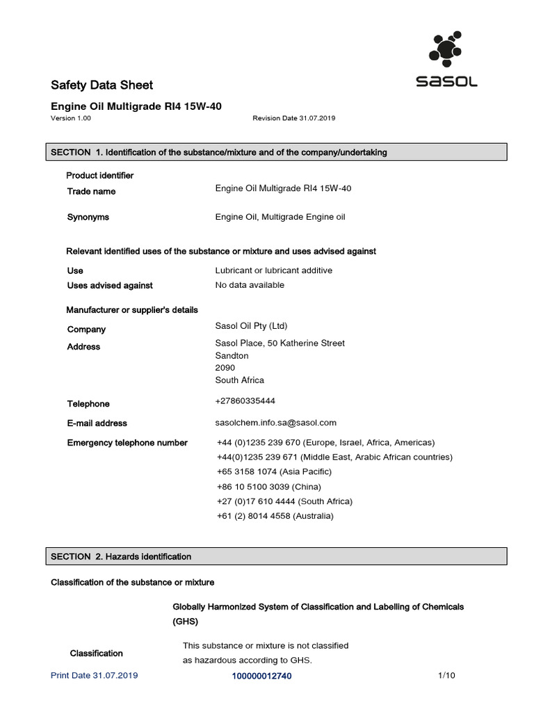 925bf709-3197 - ZA - Multigrade RI4 15W-40 - EN-ZA | PDF | Toxicity ...