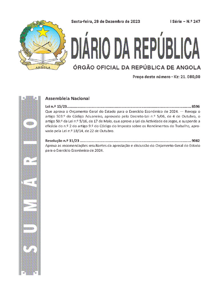 Lei N.º 15 - 23 Aprova o Oge 2024 | PDF
