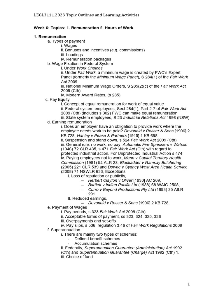 LEGL3111.2023 Week 6 Topic Outline | PDF | Employment | Wage