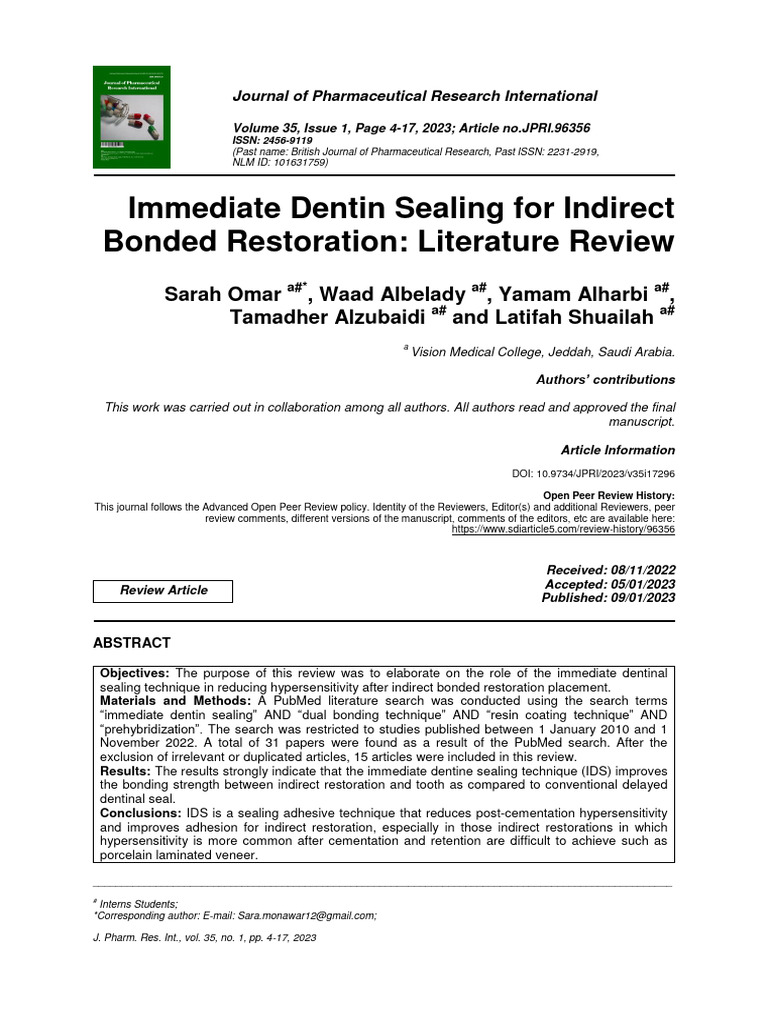 Immediate Dentin Sealing in Restorations | PDF | Dentistry Branches ...