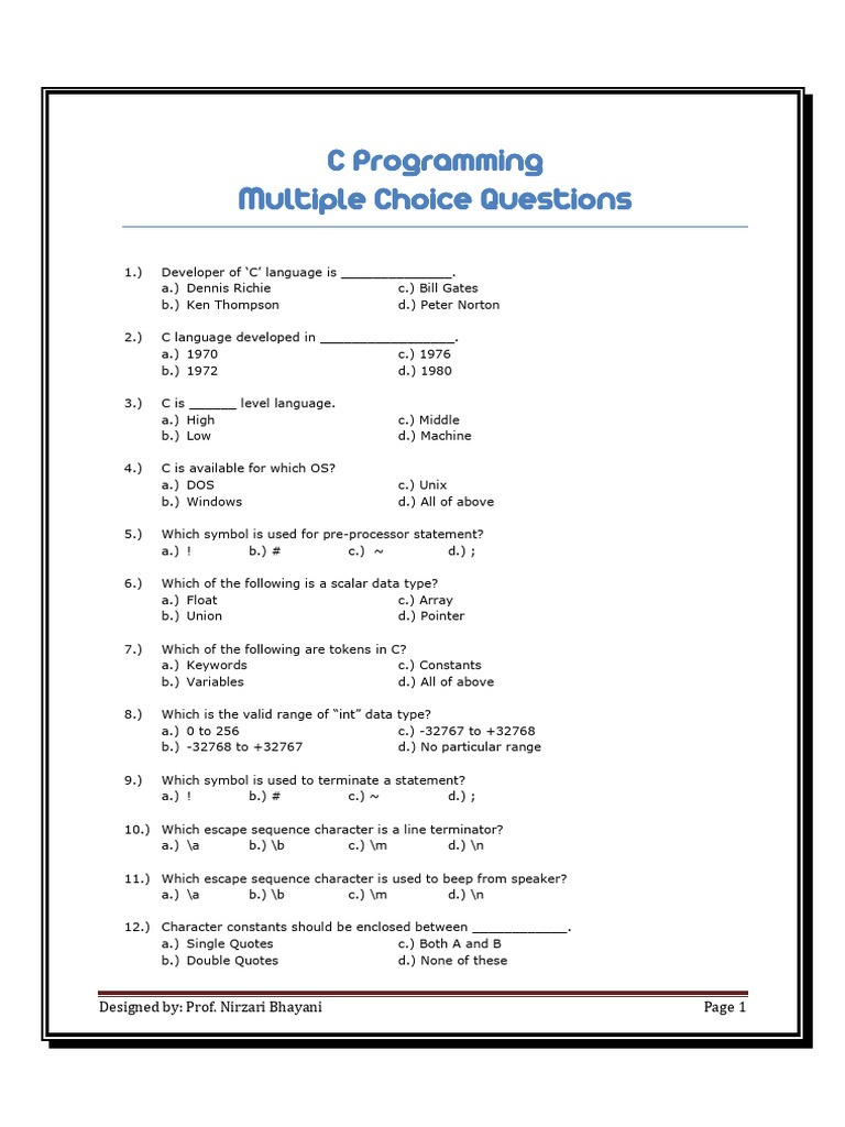C Mcq Pdf C Programming Language Pointer Computer Programming 