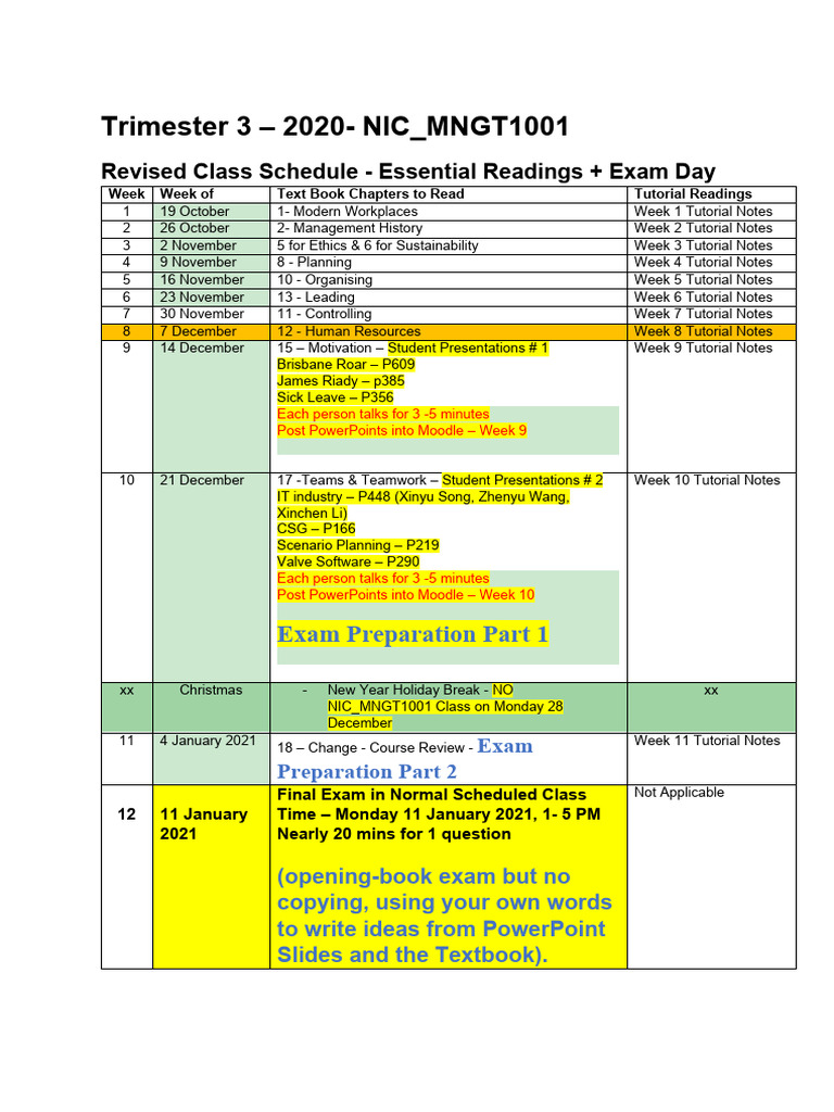 Revised Class Schedule - Essential Reading - Exam Day - Presentation Schedule | PDF