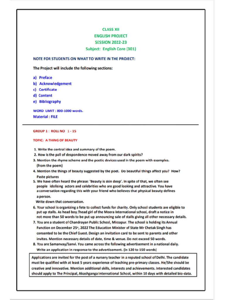 English Project Class 12 | PDF