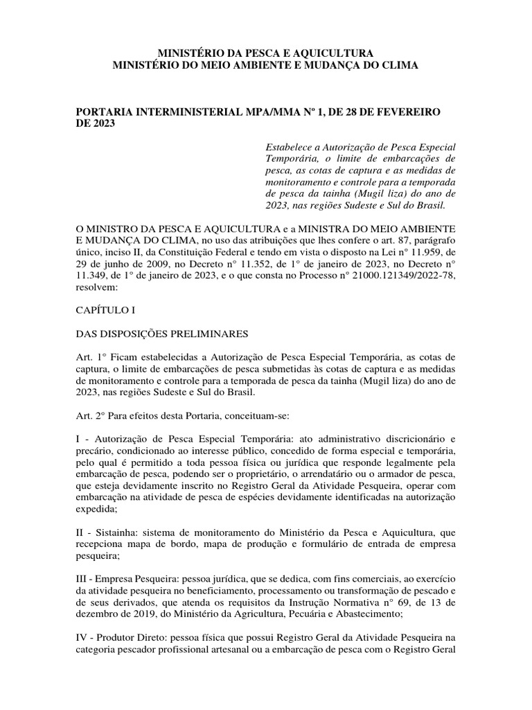 P Inter Mpa Mma 1 2023 Estabelece Autorizacao Pesca Tainha 2023 Sudeste ...