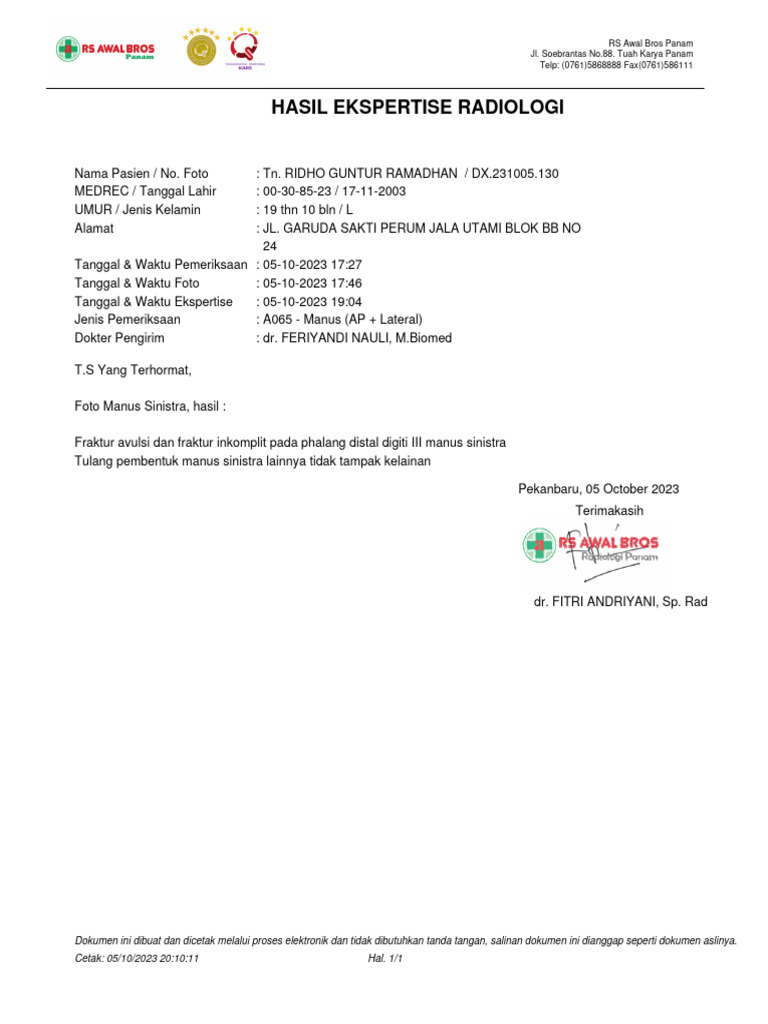Hasil Ekspertise Radiologi | PDF