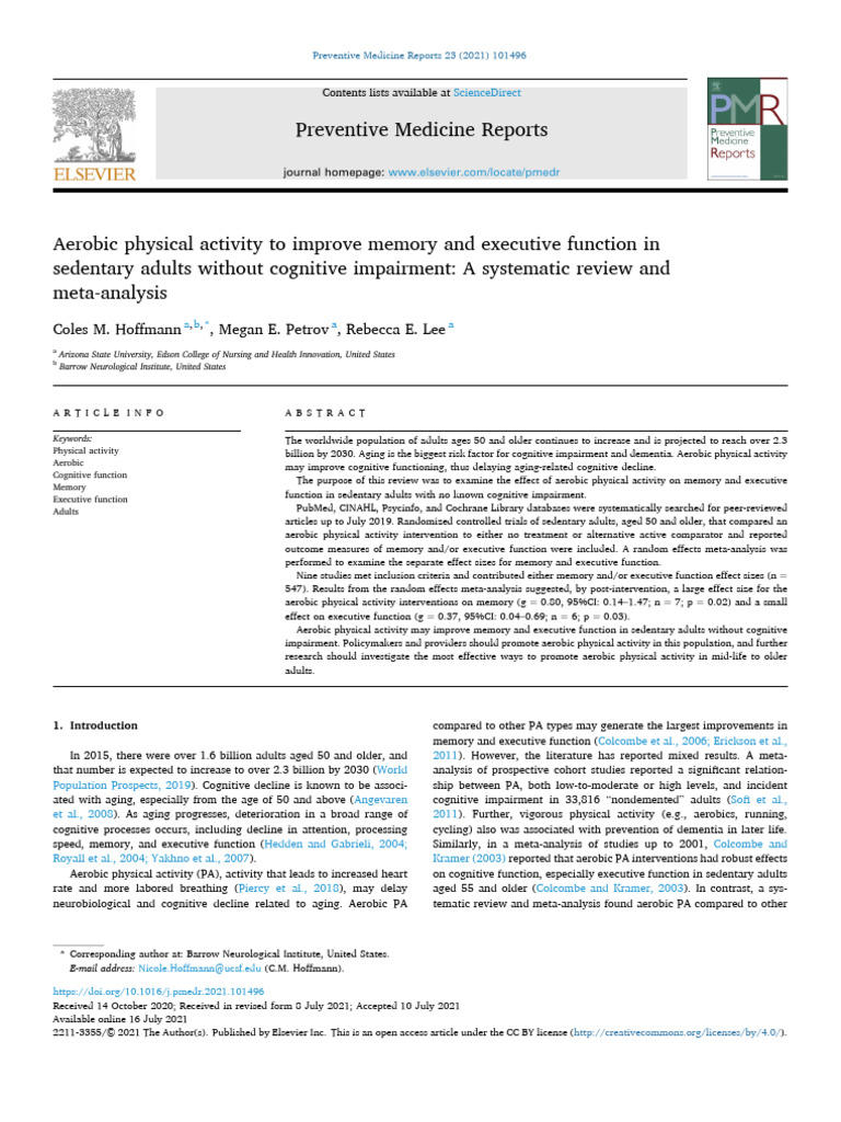 Aerobic Physical Activity To Improve Memory and Executive Function in | PDF