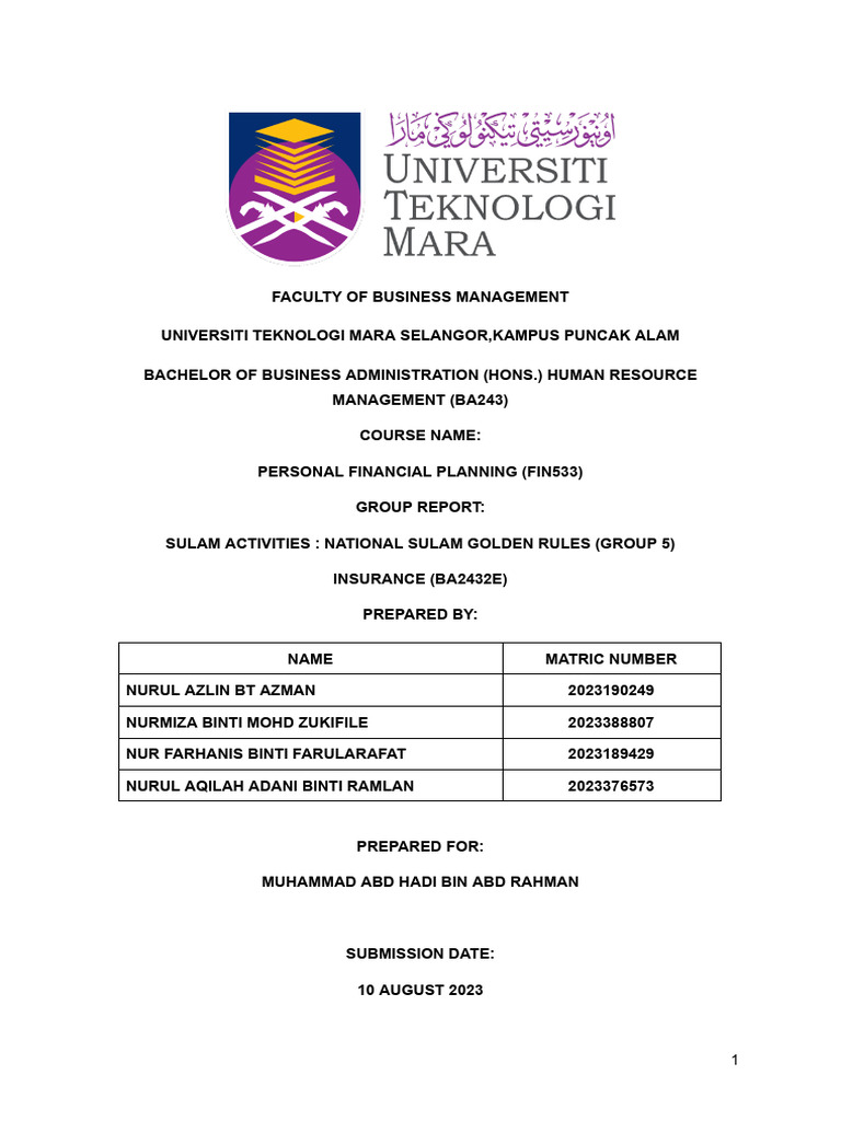 FIN 533 SULAM Report | PDF | Knowledge | Insurance
