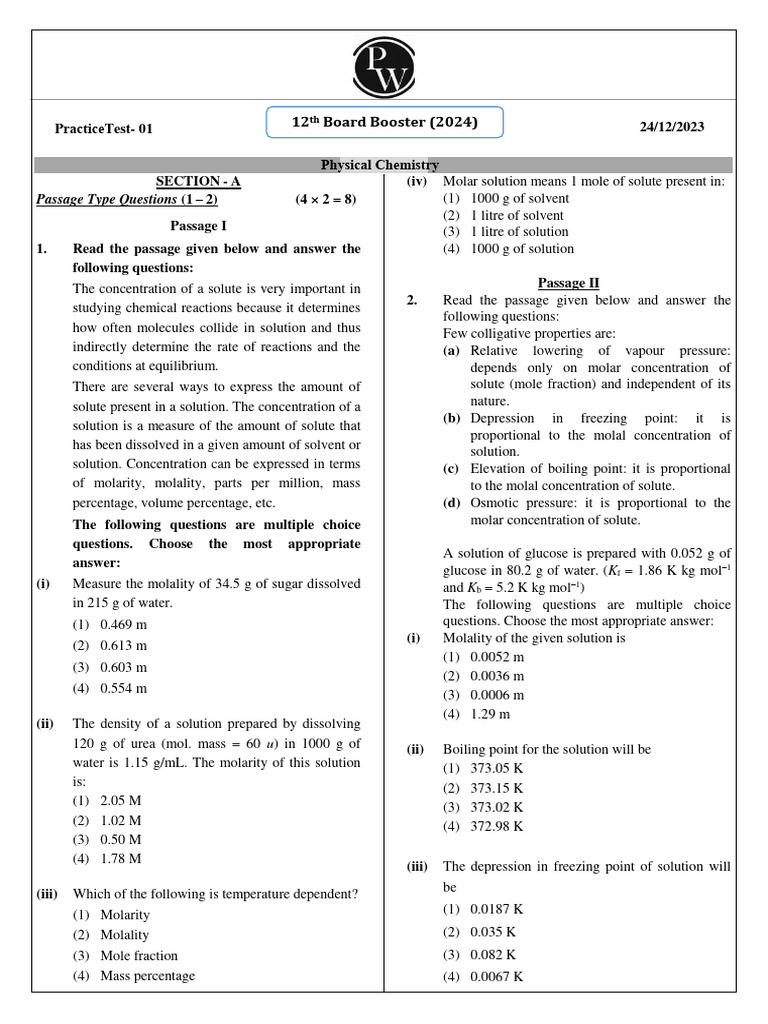 Practice Test 01 Physical Chemistry | PDF