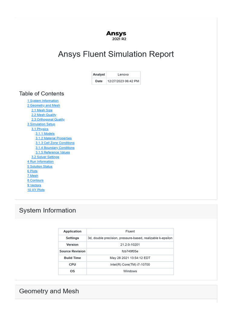 Ansys Fluent Simulation Report | PDF