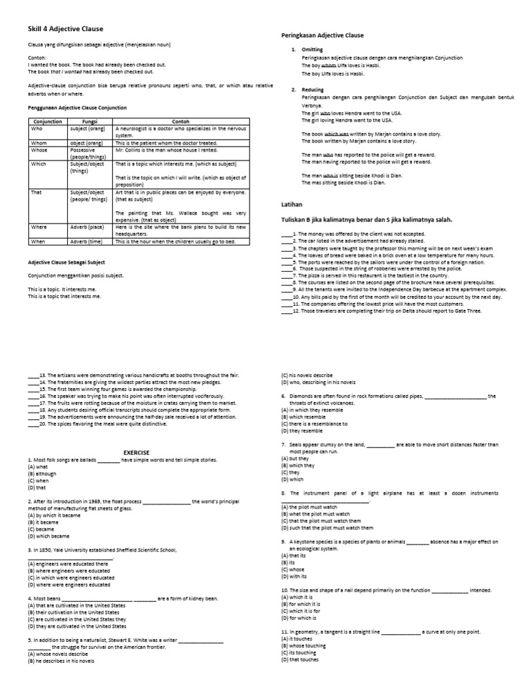 Structure and Written Expression Skill 4 Adjective Clause | PDF