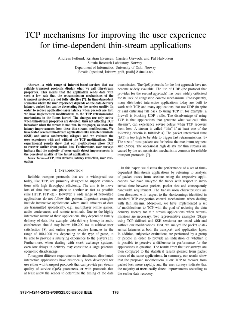 TCP Mechanisms For Improving The User Experience For Time-Dependent Thin-Stream Applications ...