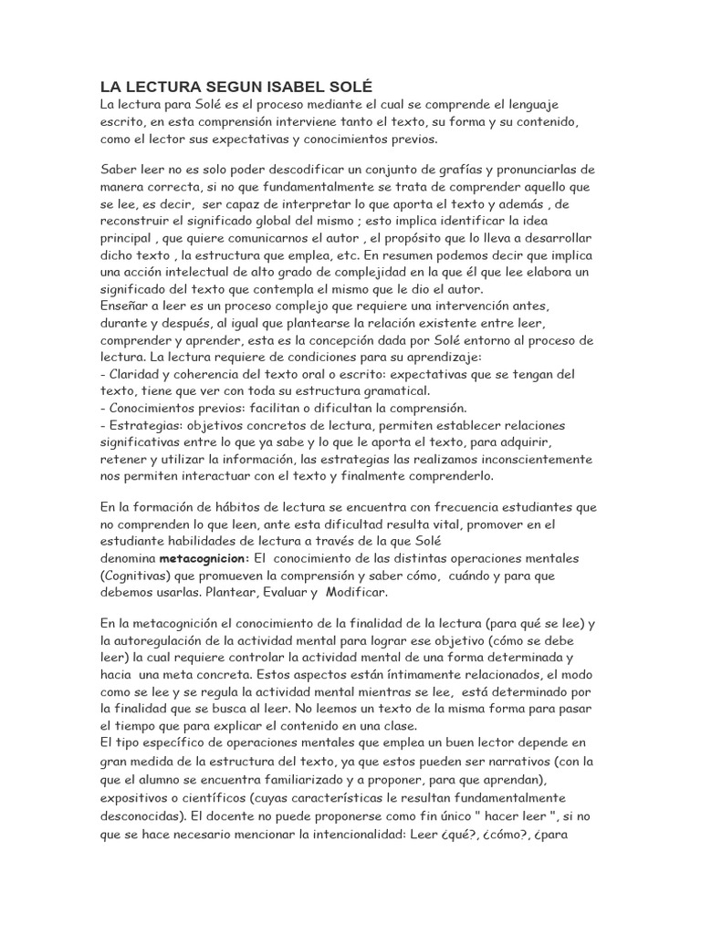 La Lectura Segun Isabel Solé | PDF