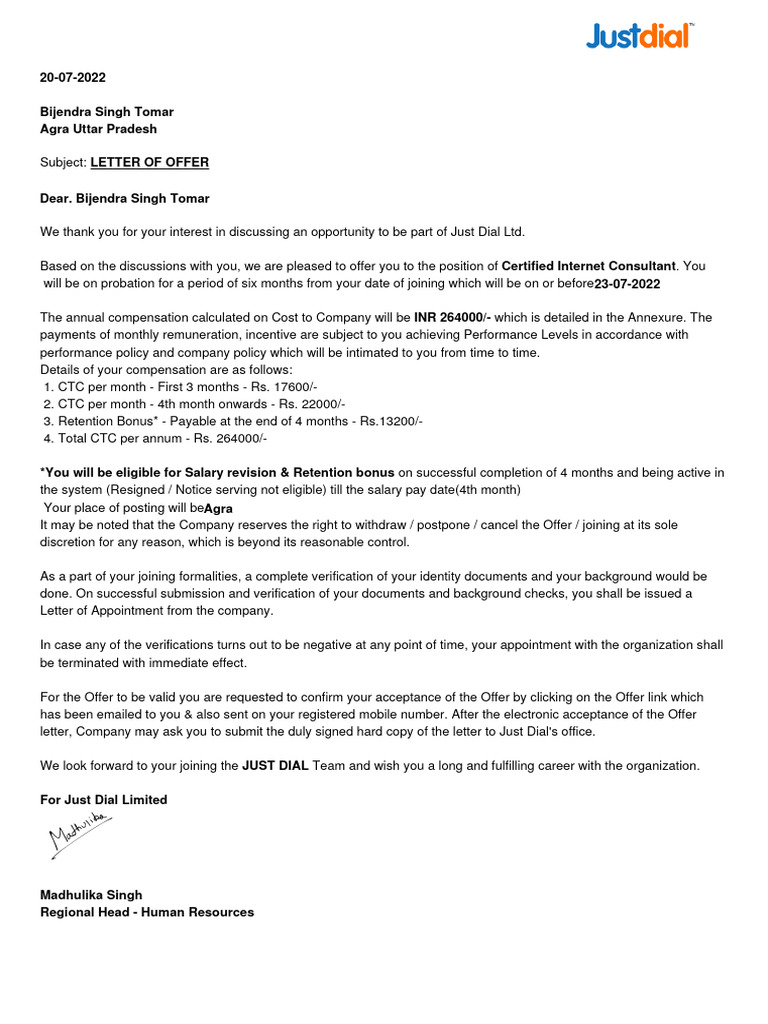 Justdial Offer Letter | PDF