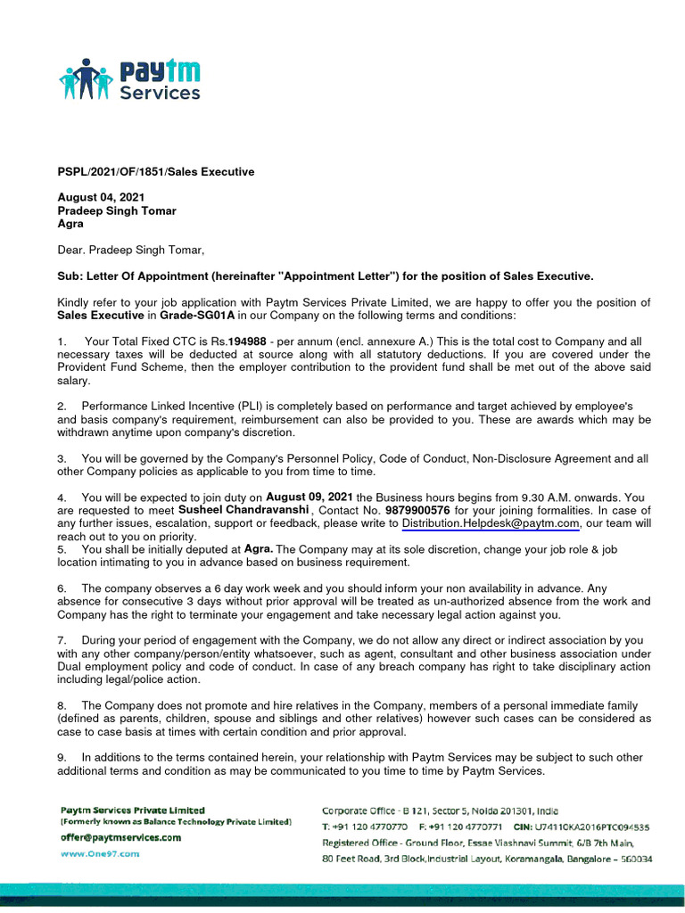 Paytm Offer Letter | PDF