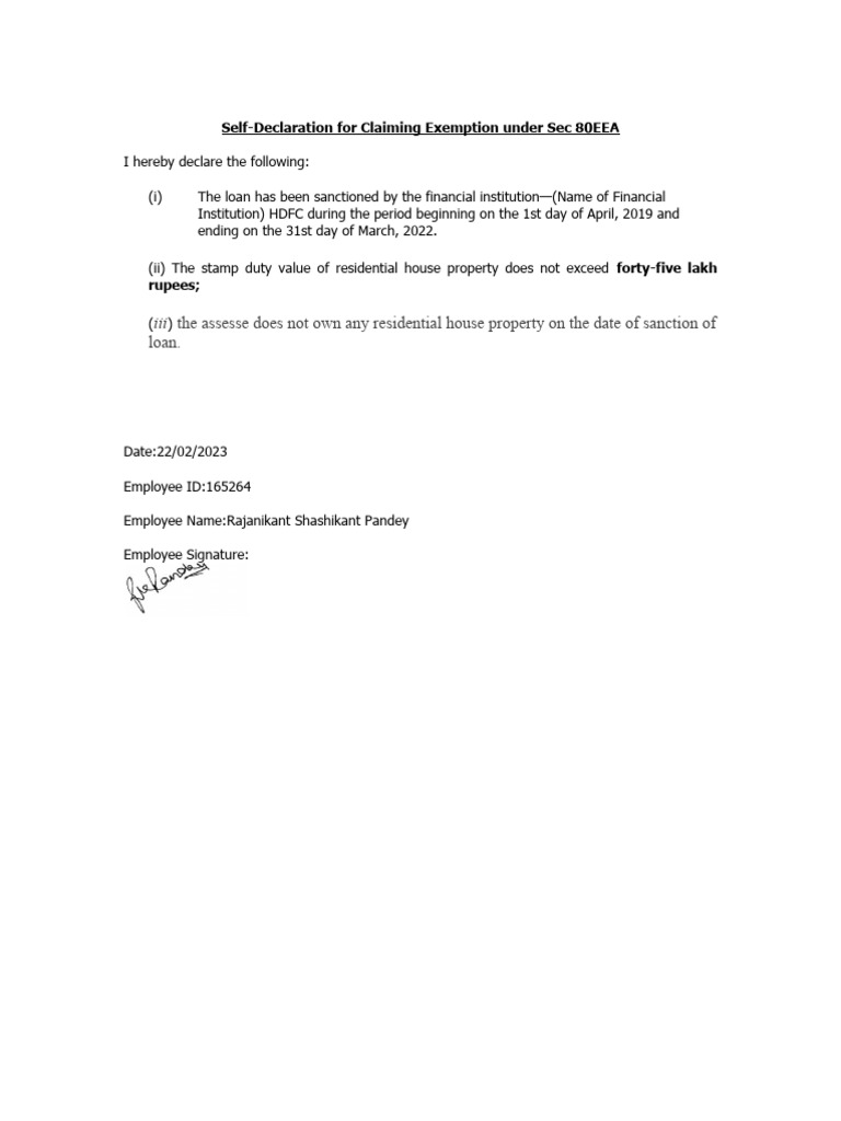 Self Declaration For Sec 80EEA | PDF