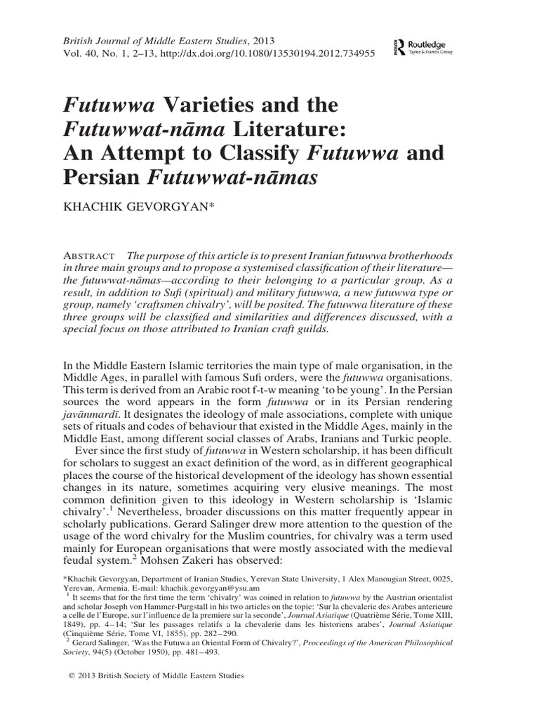Futuwwa Varieties and The Futuwwat-Na Ma Literature - An Attempt To ...