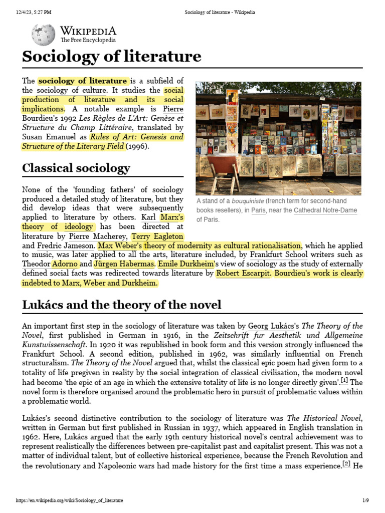 Sociology of Literature - Wikipedia | PDF