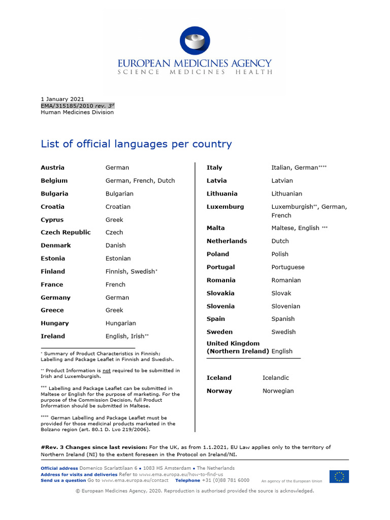 Official Languages of European Countries | PDF | Europe