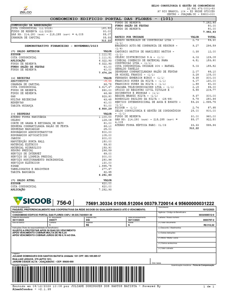 Demonstrativo Financeiro Novembro 2023 | PDF | Condomínio | Direito ...
