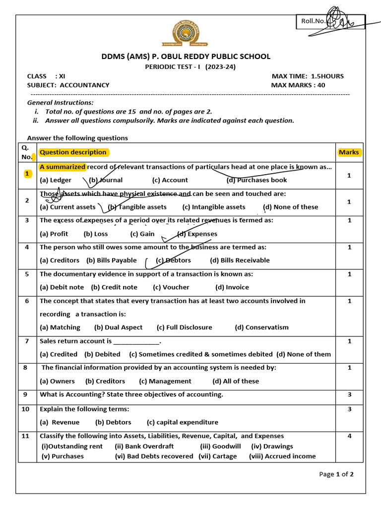 ACCOUNTANCY CLASS XI QUESTION PAPER 2023-24 Final | PDF | Debits And ...