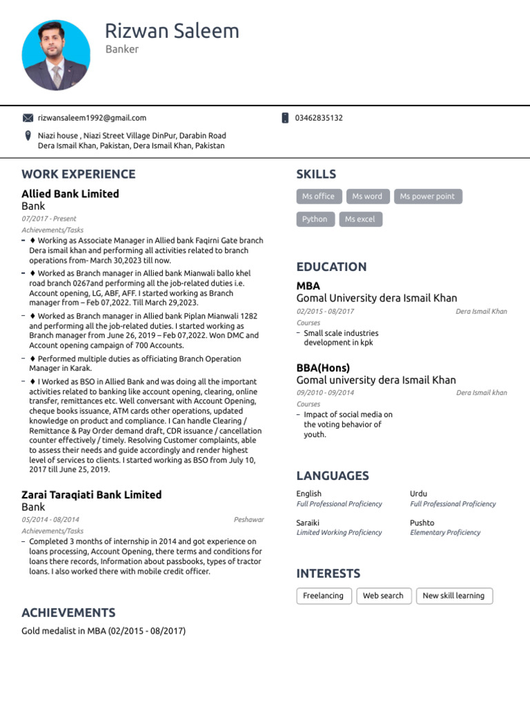 Banker Rizwan Saleem's Profile | PDF