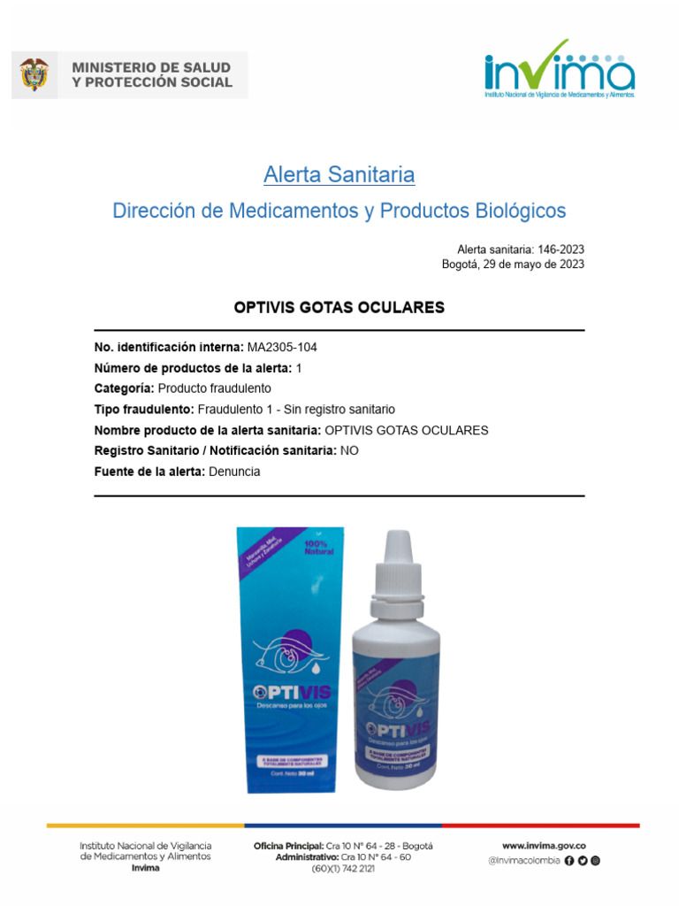 Alerta Sanitaria - 146-2023 - OPTIVIS GOTAS OCULARES | PDF