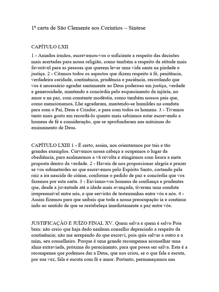 1 Carta de São Clemente Aos Coríntios - Sintese | PDF