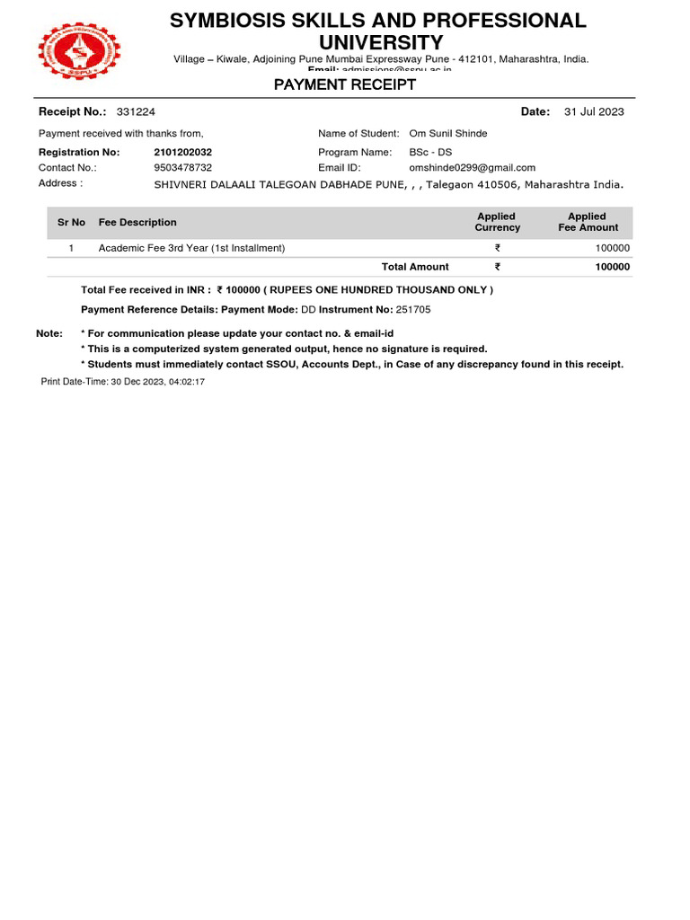 Student Payment Receipt | PDF