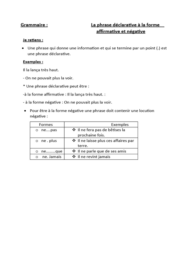 La Phrase Déclarative À La Forme Affirmative Et Négative CE2 | PDF
